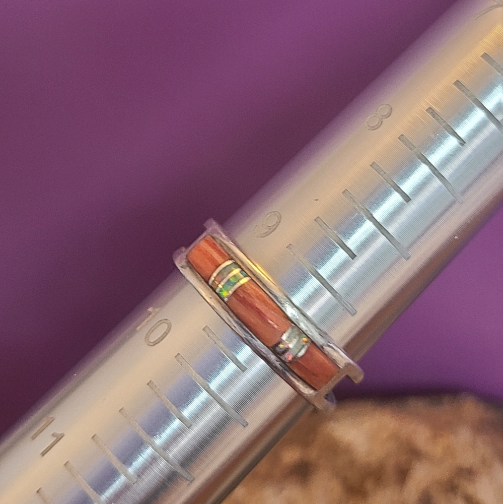 Sterling Coral Opal Inlay Band Ring-Vintage 925 Silve… - Gem